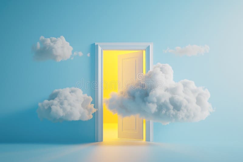 White Cumulus Clouds Flying Out the Open Door Inside the Empty Blue ...