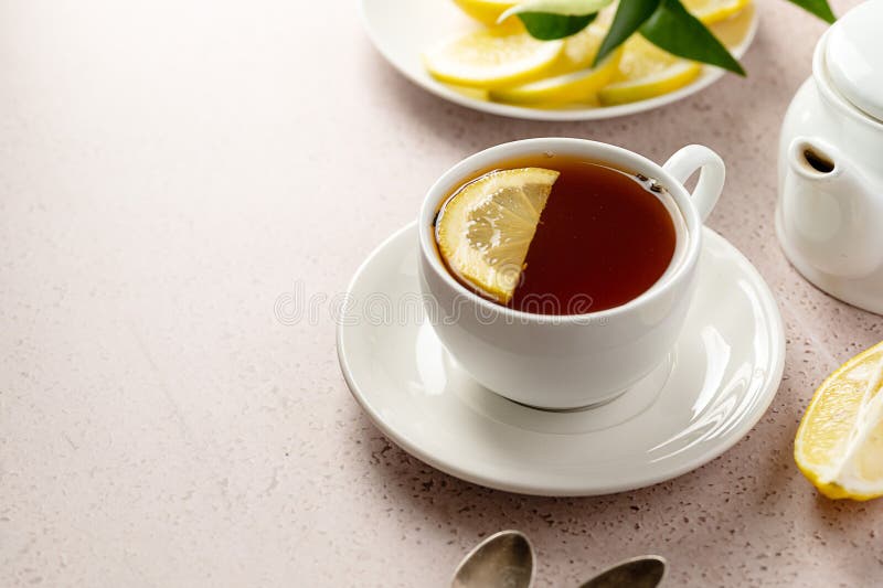White Cup of Black Tea and Lemon Slice. Drinking Tea, Copy Space. Stock ...