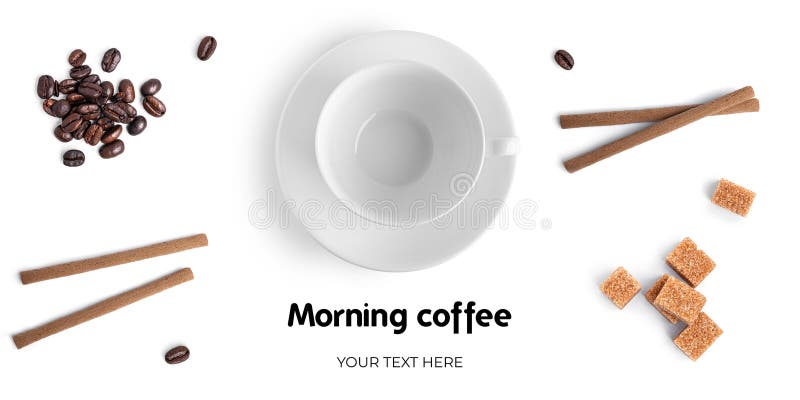 White Cup, Coffee Beans and Sweets on a White Background. Long Header ...