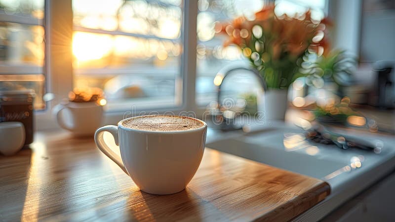 White Cup of Coffee in a Cozy Kitchen Under the Warm Rays of the ...