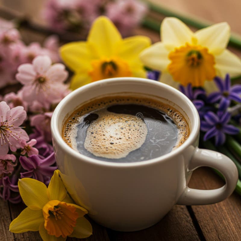 White Cup of Coffee Surrounded by Spring Flowers Stock Illustration ...