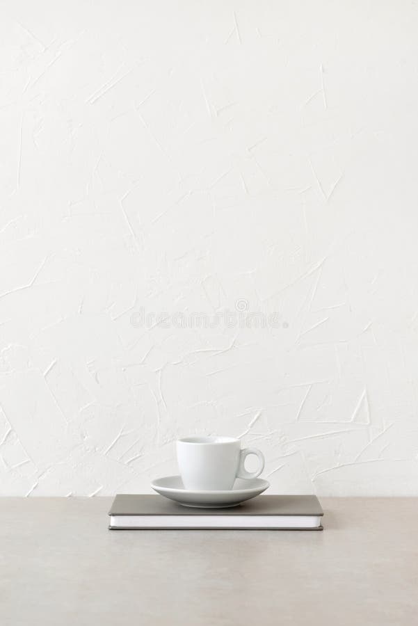 White Cup with Drink and Notebook on Neutral Beige Table, White ...