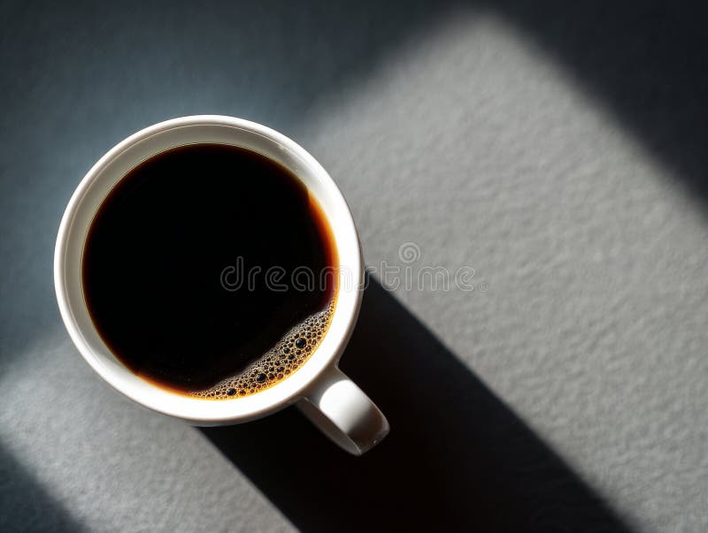 A White Cup Filled with Black Coffee Sits on a Dark Surface, Casting a ...