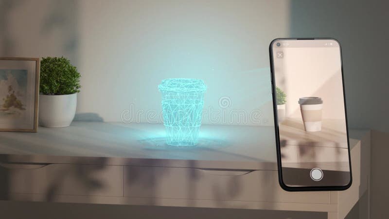 White Cup Hologram Stand on Table Phone Display Augmented Reality Stock ...