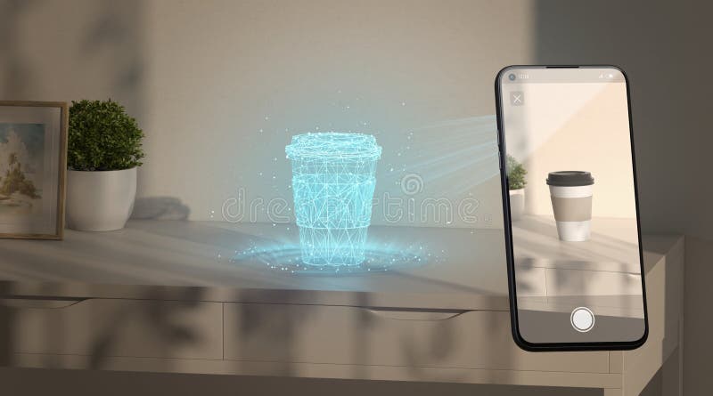 White Cup Hologram Stand on Table Phone Display Augmented Reality Stock ...