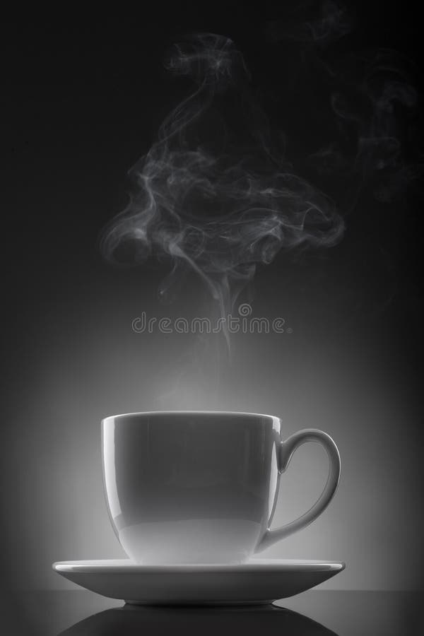 White Cup with Hot Liquid and Steam on Black Stock Photo - Image of ...