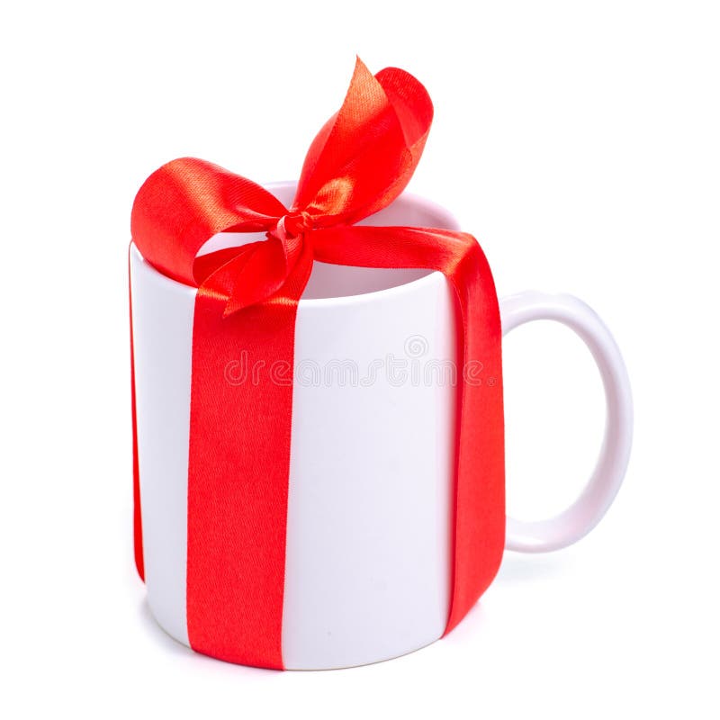 White Cup Mug with Red Ribbon Bow Gift Stock Image - Image of present ...