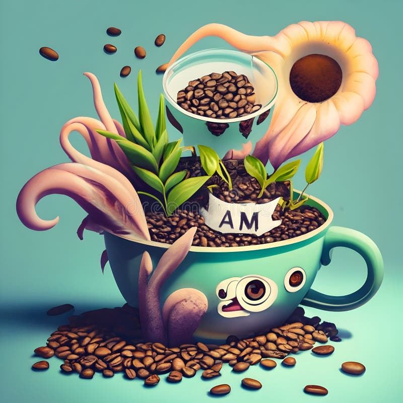 A White Cup Overflowing with Coffee Beans and Liquid, Creating an ...