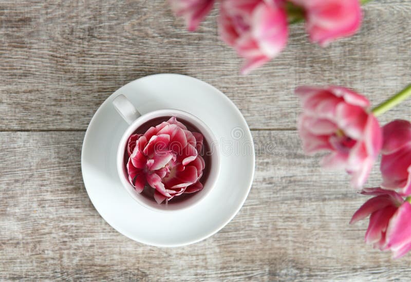White Cup with Pink Flower Inside Stock Photo - Image of table, pastel ...