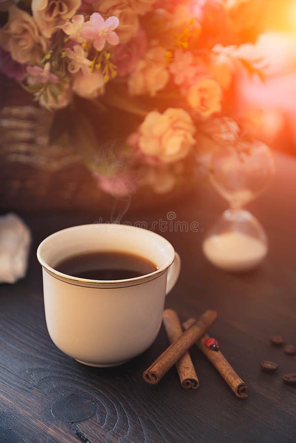 White Cup of Strong Morning Coffee on a Brown Table Stock Photo - Image ...