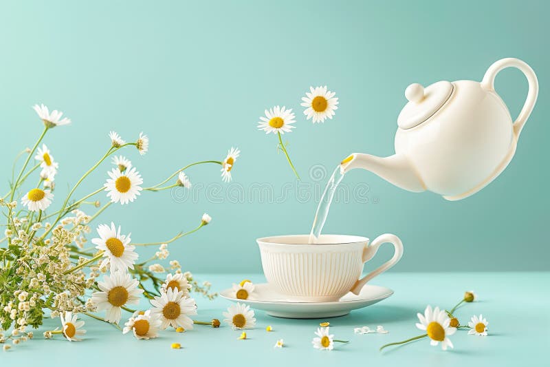 White Cup of Tea, Levitating Teapot and White Daisies on a Blue ...