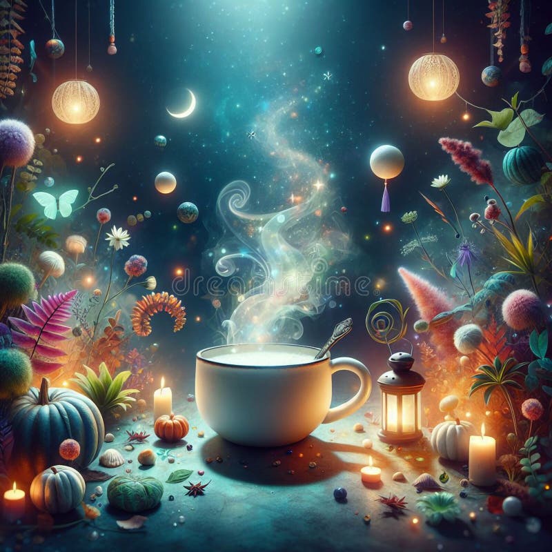 A White Cup of Tea with Steam Rising in a Swirling Pattern, Surrounded ...