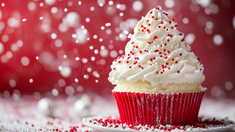 White Cupcake with Red Sprinkles and a Festive Red Background Stock ...