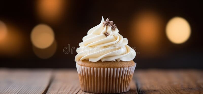 White Cupcake with Cupcake Top on Wooden Surface Stock Photo - Image of ...