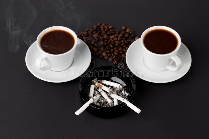 White Cups of Coffee with Ashtray and Beans Stock Image - Image of ...