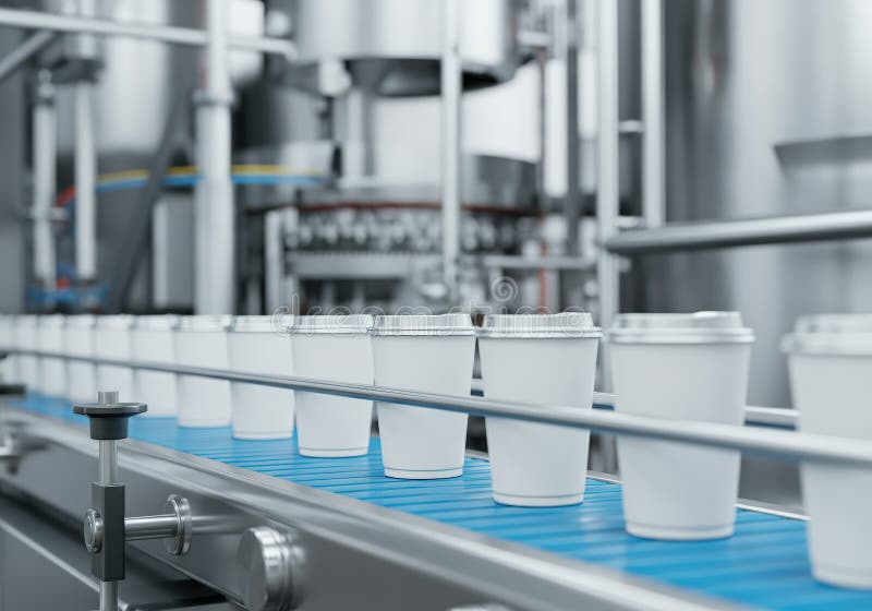 White Cups on a Conveyor Belt in a Beverage Production Facility Stock ...