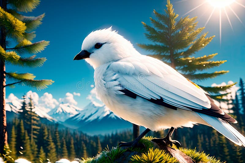 White Cute Bird in Forest. Digital Painting Art Stock Illustration ...