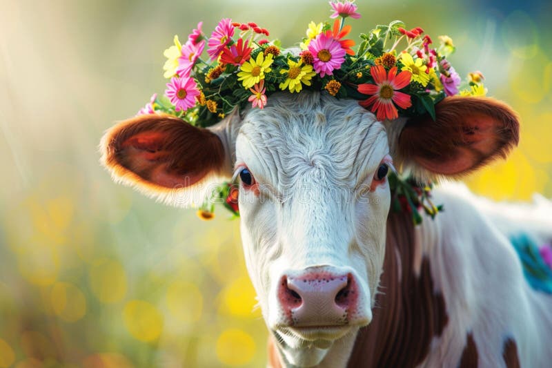 White Cute Cow with a Wreath of Flowers Stock Image - Image of ...