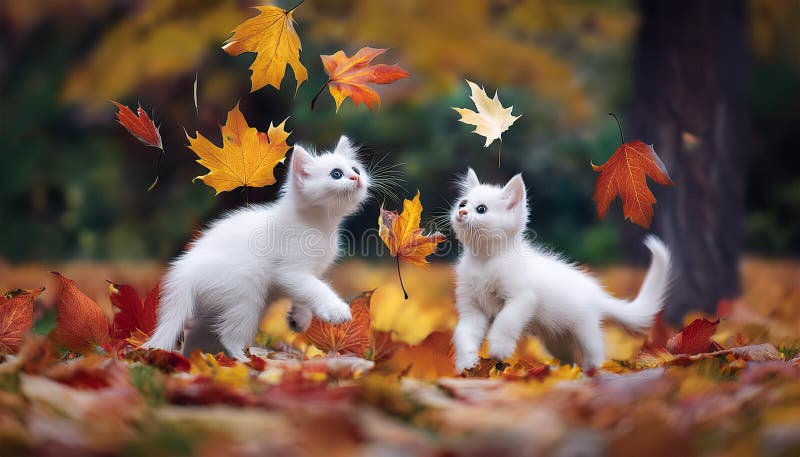 White, Cute Kittens Playing on the Yellowed Fall Leaves Stock ...