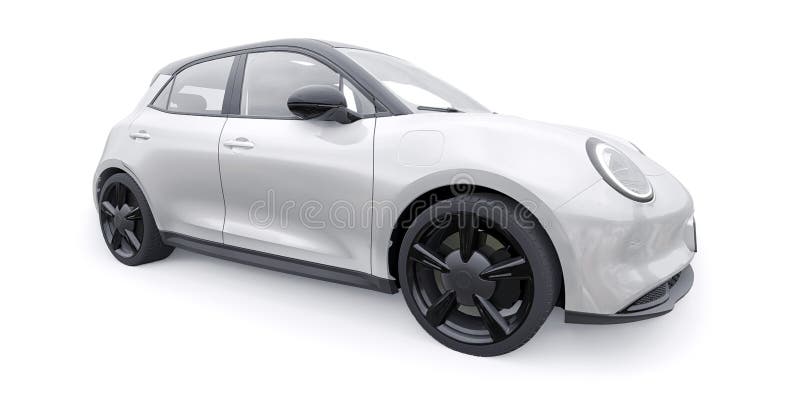 White Cute Little Electric Hatchback Car. 3D Illustration. Stock ...