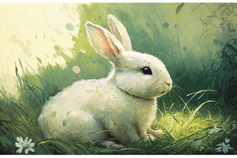 White Cute Rabbit on Green Grass. Generative AI Stock Illustration ...