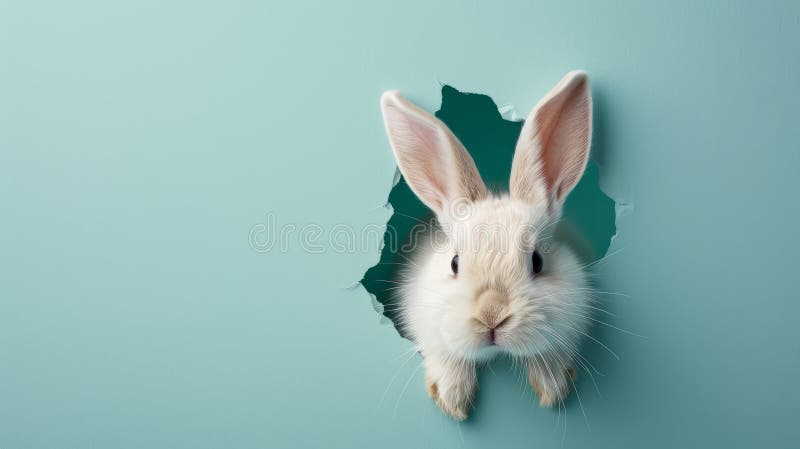 White Cute Rabbit Peeking Out of Hole in Wall Stock Photo - Image of ...