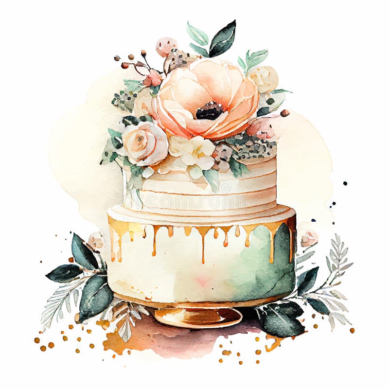 White Cute Watercolor Wedding Cake on White Background Generative AI ...