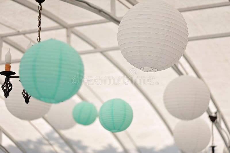 White and Cyan Round Chinese Paper Lanterns Stock Image - Image of ...