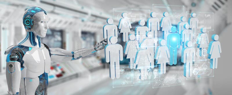 White Cyborg Controlling Group of People 3D Rendering Stock ...