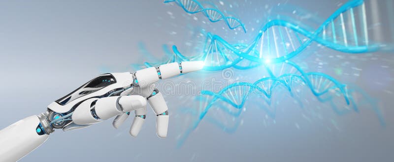White Cyborg Hand Scanning Human DNA 3D Rendering Stock Illustration ...