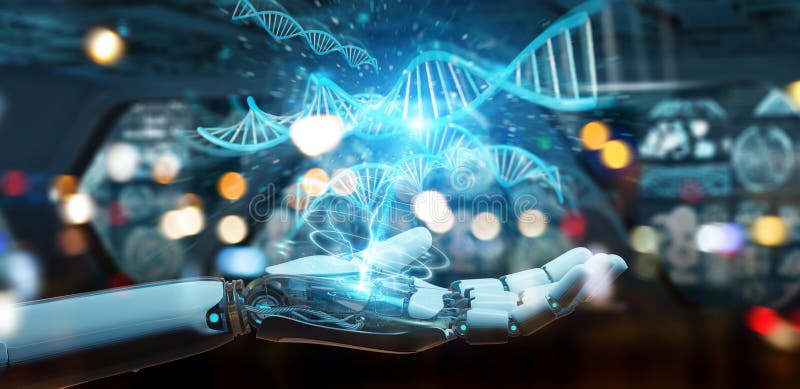 White Cyborg Hand Scanning Human DNA 3D Rendering Stock Illustration ...