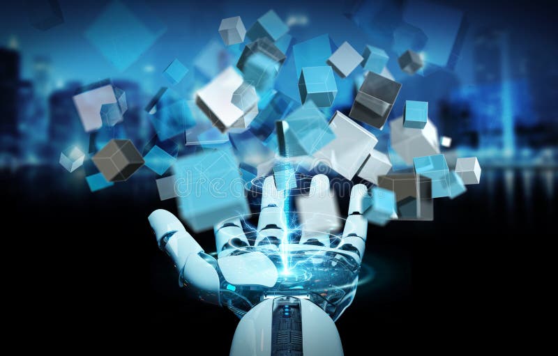 White Cyborg Hand Using Blue Digital Cube Structure 3D Rendering Stock ...