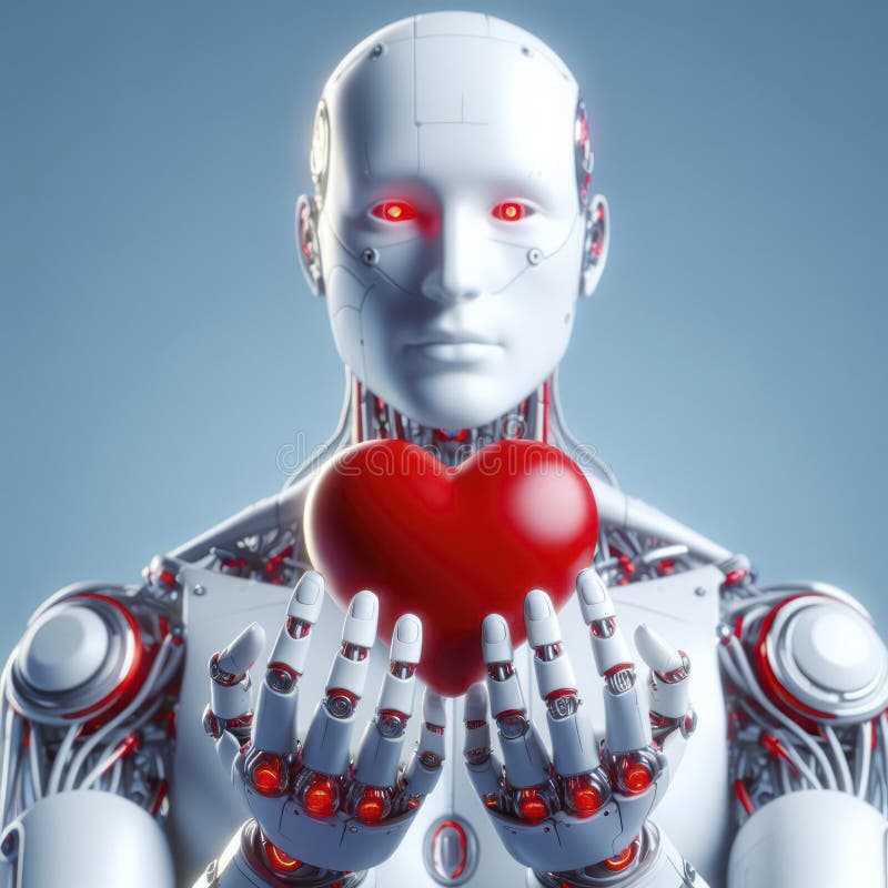 White Cyborg Holding a Red Heart in His Hands. Ai Generative Stock ...