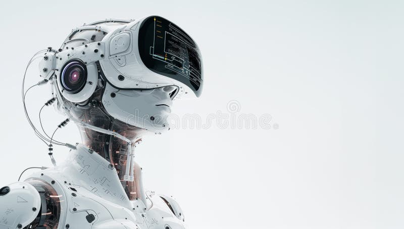 A White Cyborg Robot Wearing VR Goggles. Virtual Reality Concept ...
