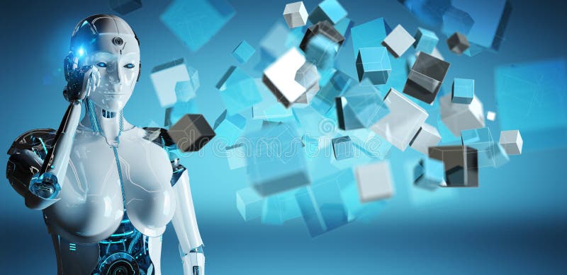 White Cyborg Using Blue Digital Cube Structure 3D Rendering Stock ...