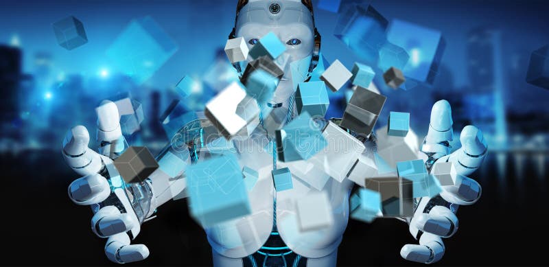 White Cyborg Using Blue Digital Cube Structure 3D Rendering Stock ...
