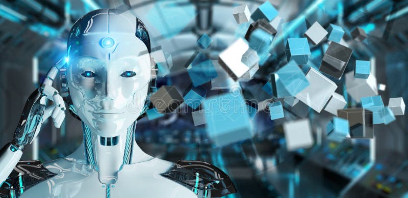 White Cyborg Using Blue Digital Cube Structure 3D Rendering Stock ...