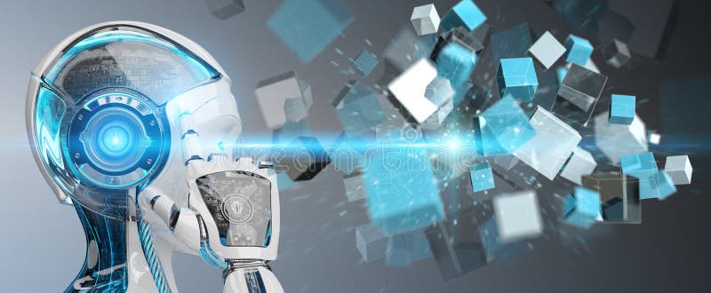 White Cyborg Using Blue Digital Cube Structure 3D Rendering Stock ...