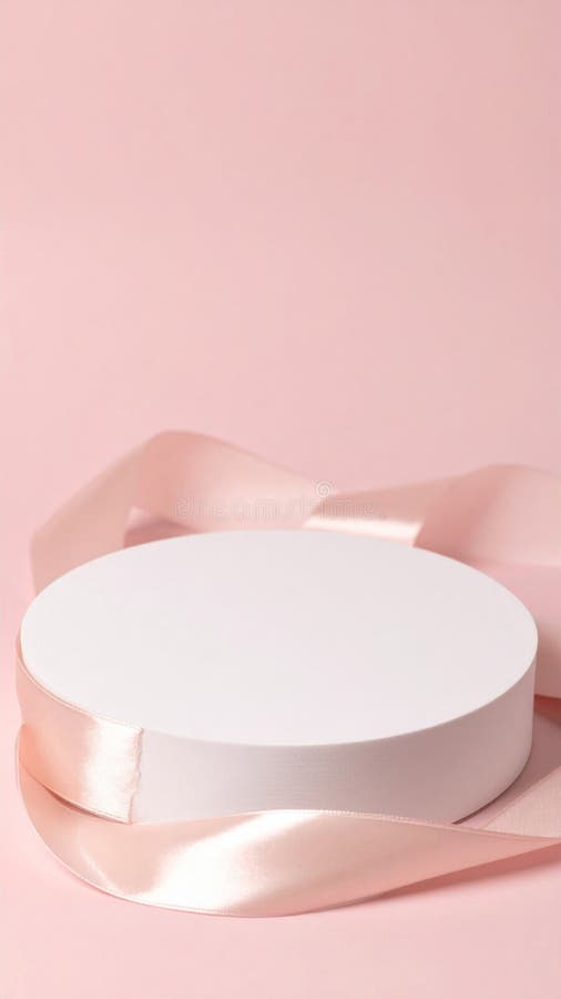 White Cylinder Display with Pink Satin Ribbon on Pink Background Stock ...