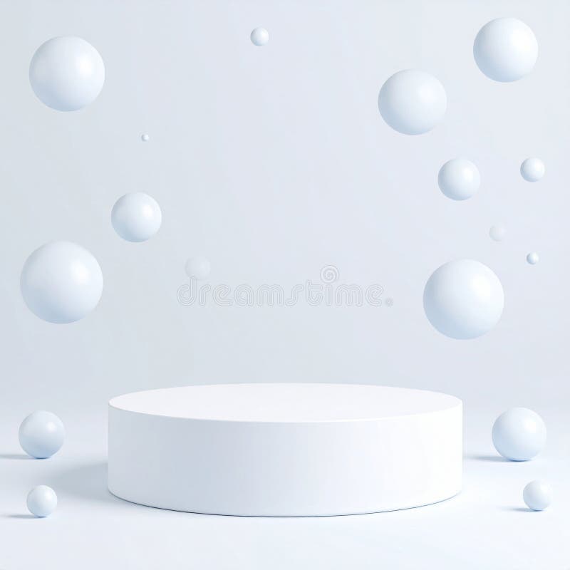 White Cylinder Platform with Floating Light Blue Spheres Stock ...