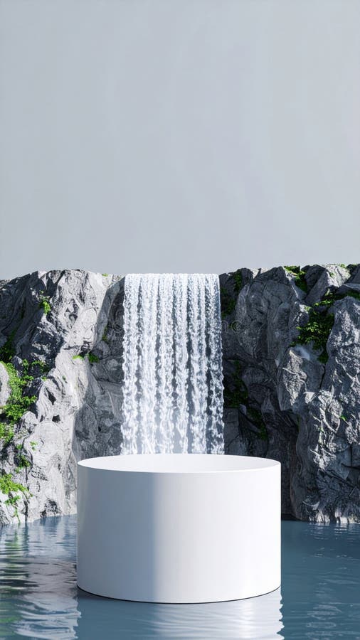 White Cylinder Platform by Waterfall in Minimalist Setting Stock ...
