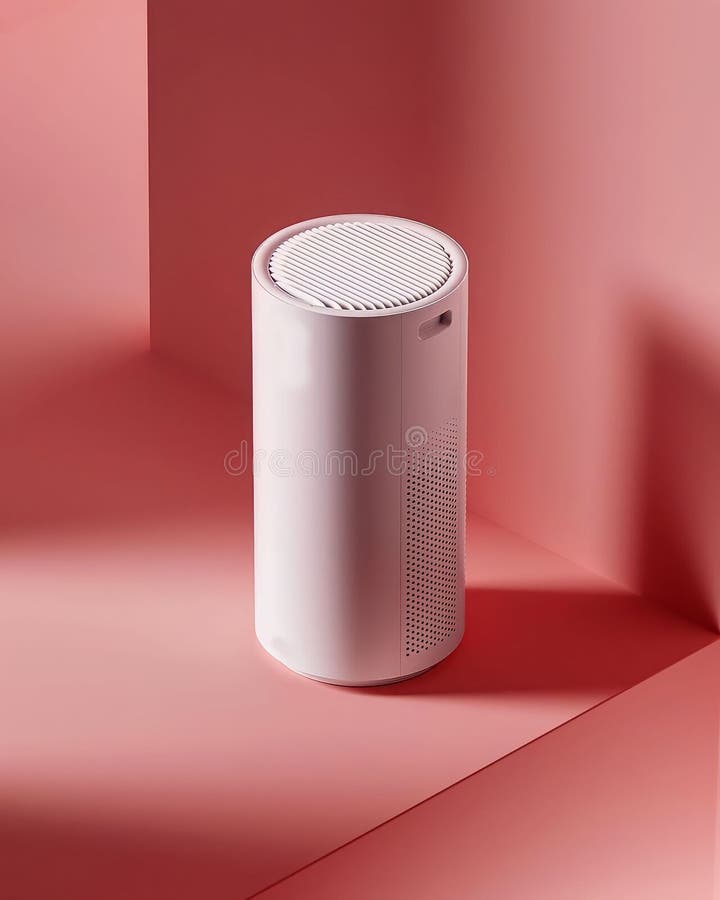 A White Cylindrical Air Purifier with a Grill on Top and a Handle Sits ...