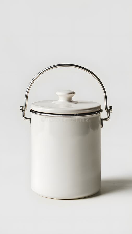 White Cylindrical Container with Rounded Lid and Metal Handle, Simple ...