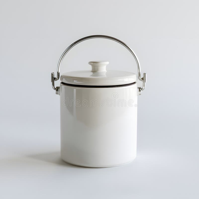 White Cylindrical Container with Rounded Lid and Metal Handle, Simple ...