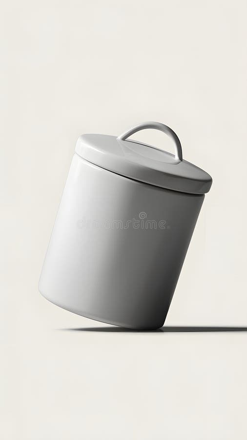 White Cylindrical Container with Rounded Lid, Tilted on Flat Surface ...