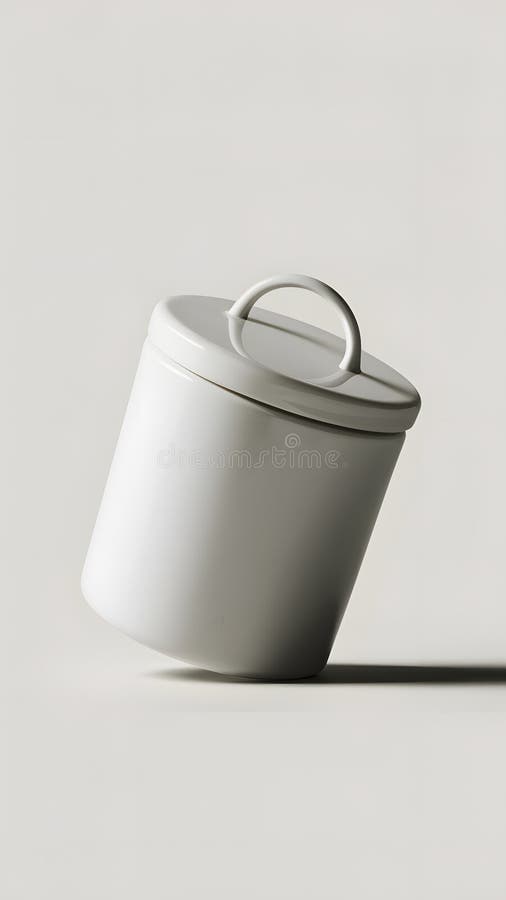 White Cylindrical Container with Rounded Lid, Tilted on Flat Surface ...