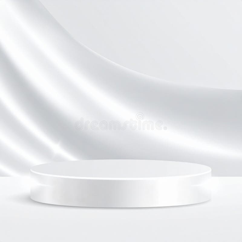 White Cylindrical Display Platform with Draped Fabric Background Stock ...