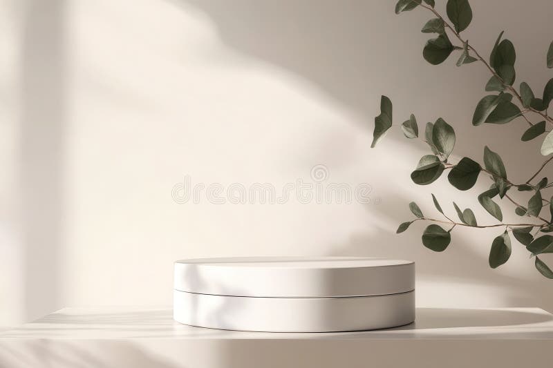 White Cylindrical Platform with Eucalyptus Branch and Sunlight Shadows ...