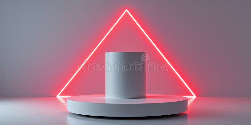 White Cylindrical Platform with Red Neon Triangle Backdrop Stock Photo - Image of polygon ...