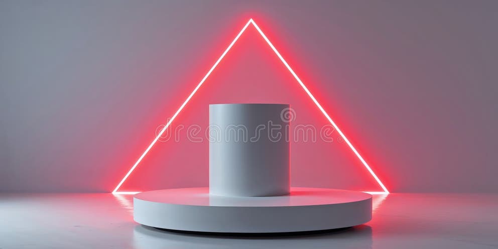 White Cylindrical Platform with Red Neon Triangle Backdrop Stock Photo ...